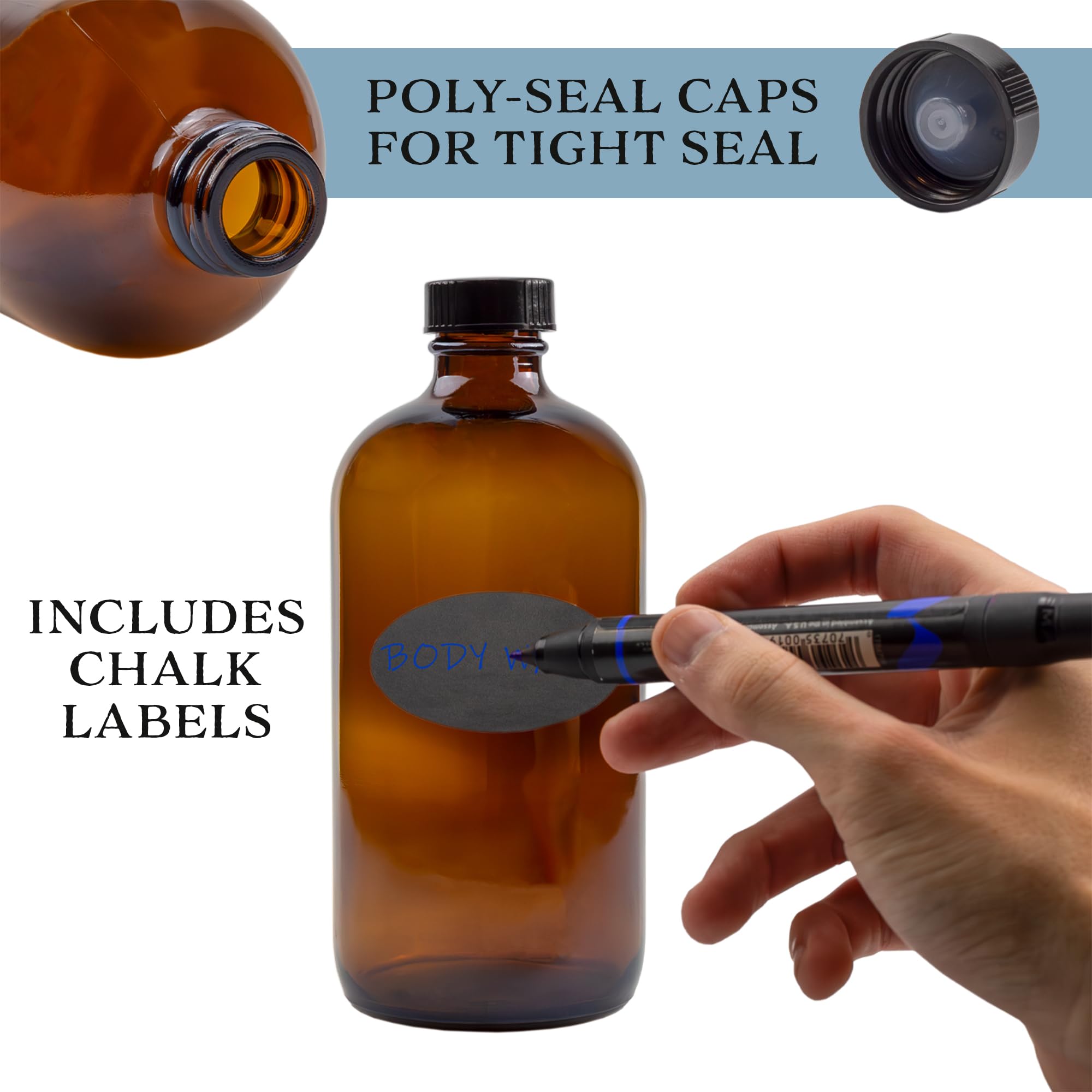 Cornucopia 16oz Amber Glass Bottles with Reusable Chalk Labels and Lids (2 Pack), Refillable Brown Boston Round Bottles, with Black 28-400 Caps