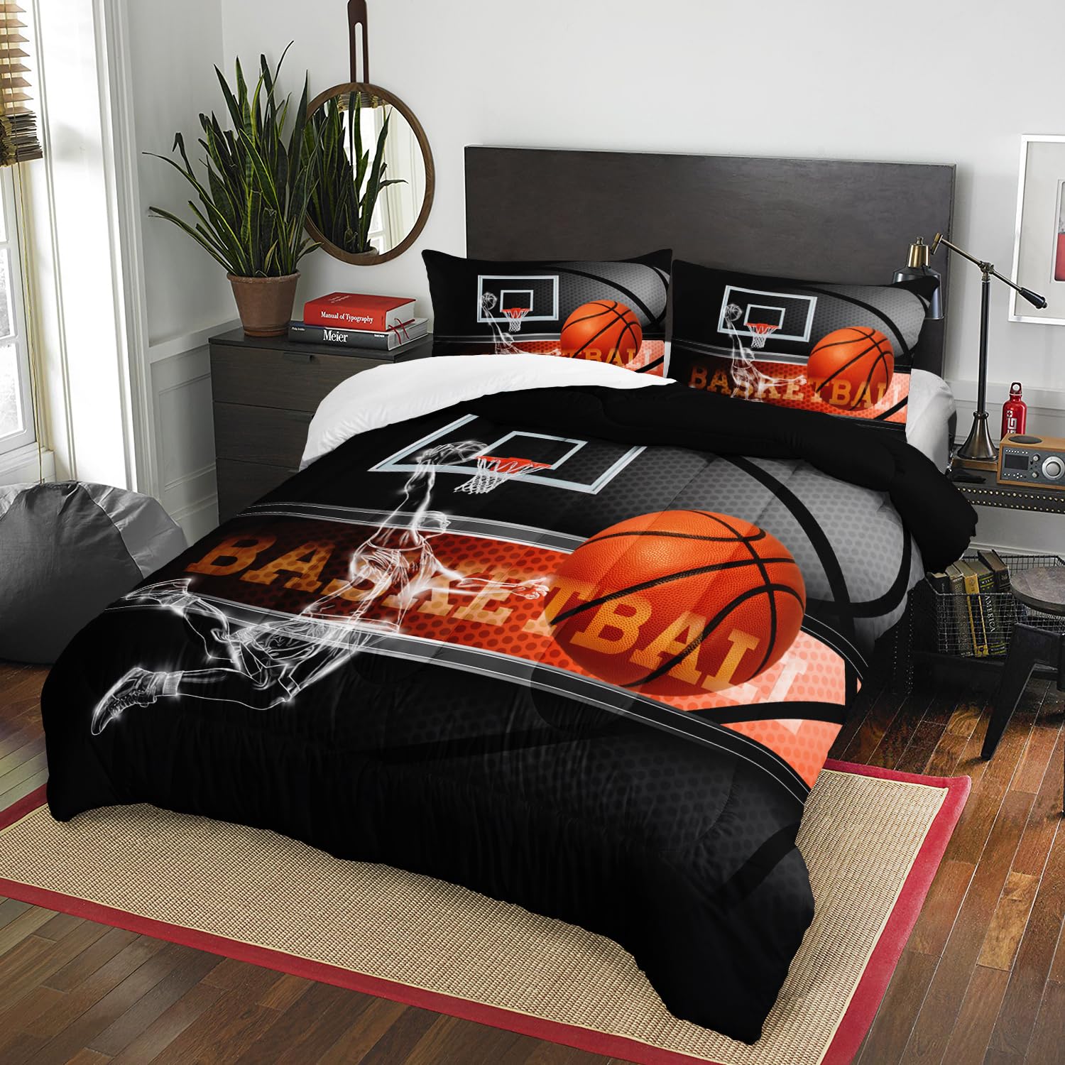 AILONEN Bedding Set, Queen 3D Basketball Comforter Set for Boys Kids Teen, Microfiber, 1 Comforter + 2 Pillowcases