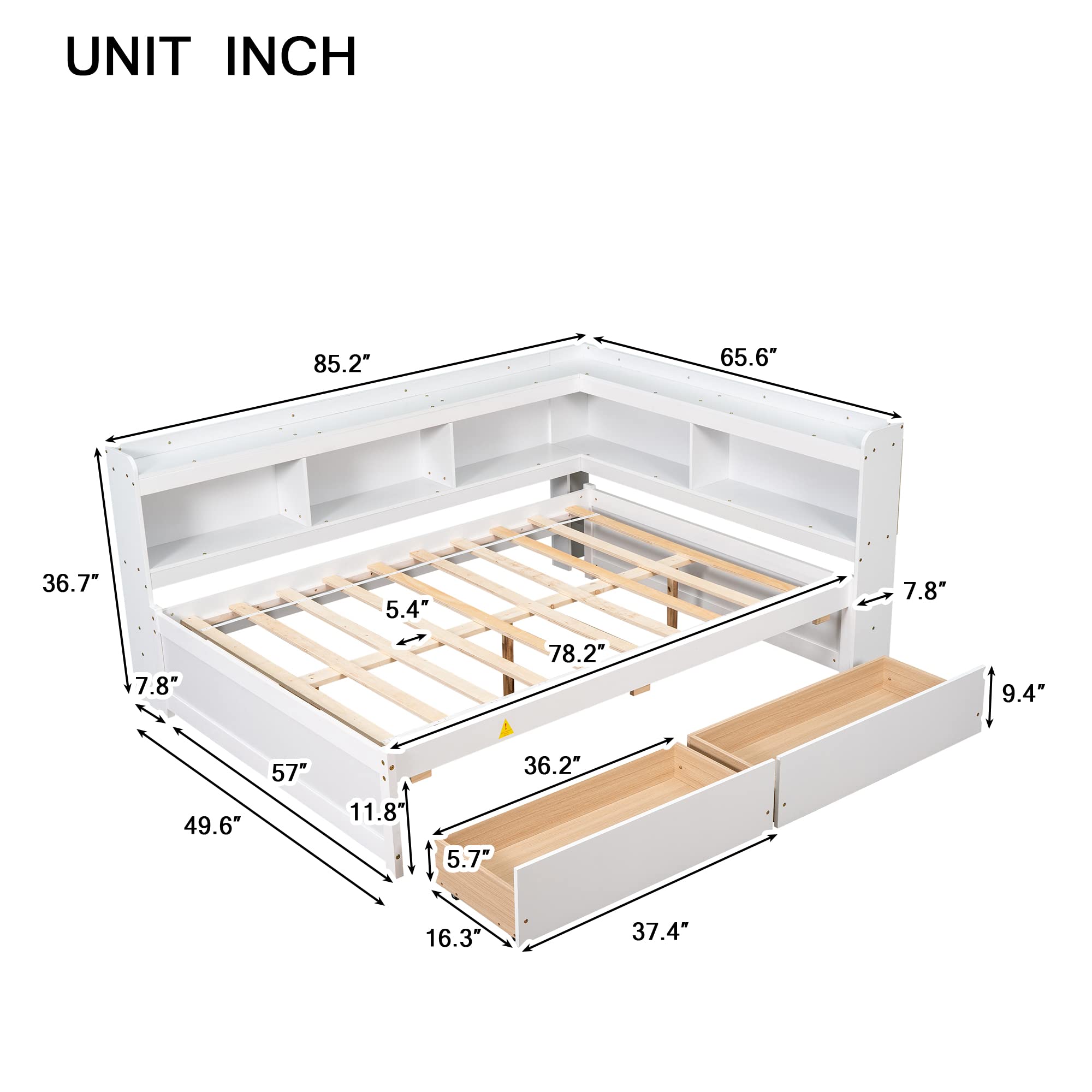 Aiuyesuo Full Size Platform Bed with L-Shaped Storage Shelfs and Bookcases, Pine Wood Day Bed with 2 Storage Drawers for Office/Living Room/Bedroom, Maximize Space (White)