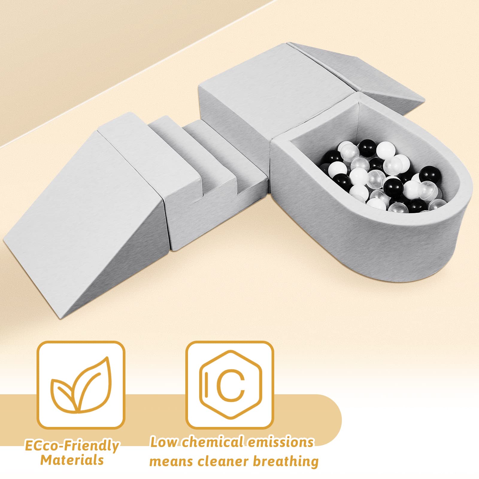 6 Pcs Safe Soft Foam Play Set Includes Single-Tunnel Foam Climber and Memory Foam Ball Pool for Toddlers Kids Children Indoor Active Climbing Crawling and Playing, 2.76 inch 100 Balls Included(Grey)