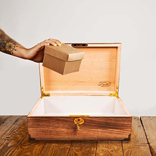 Burned Storage Keepsake Box with key locking - Wooden Storage Box with Chamois Leather Lining - Large Gift Box with Hinged Lid - Wood Decorative Storage Box with Lid (Burned)