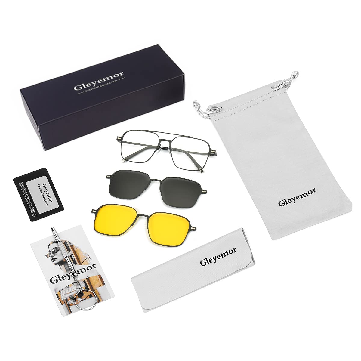 3PCS Magnetic Clip On Sunglasses for Men & Women Polarized UV Protection Retro Square Night Driving Glasses (Black)