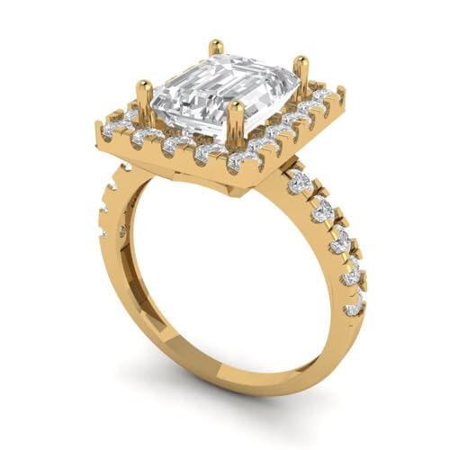 3.84 Ct Emerald Cut Clear Simulated Diamond 14K Yellow Gold halo Solitaire with Accents Engagement Anniversary Ring Size 3.75