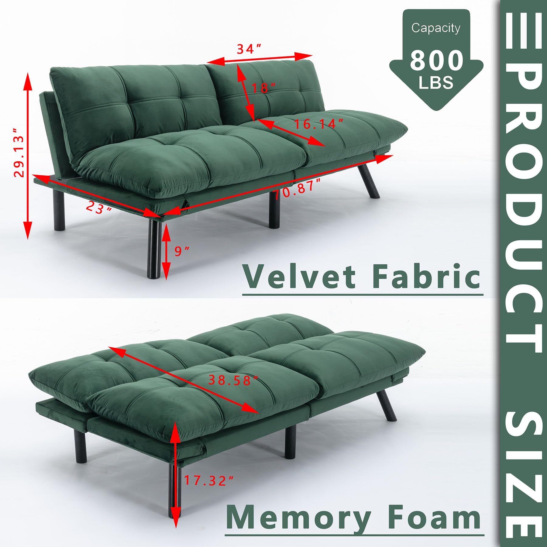 70β Modern Velvet Futon Couch Sleeper,Convertible Sleeper Sofa Bed with Adjustable Backrests and Folding Armrest for Living Room Bedroom Office Apartment,Split Back,Mattress Included (Green)
