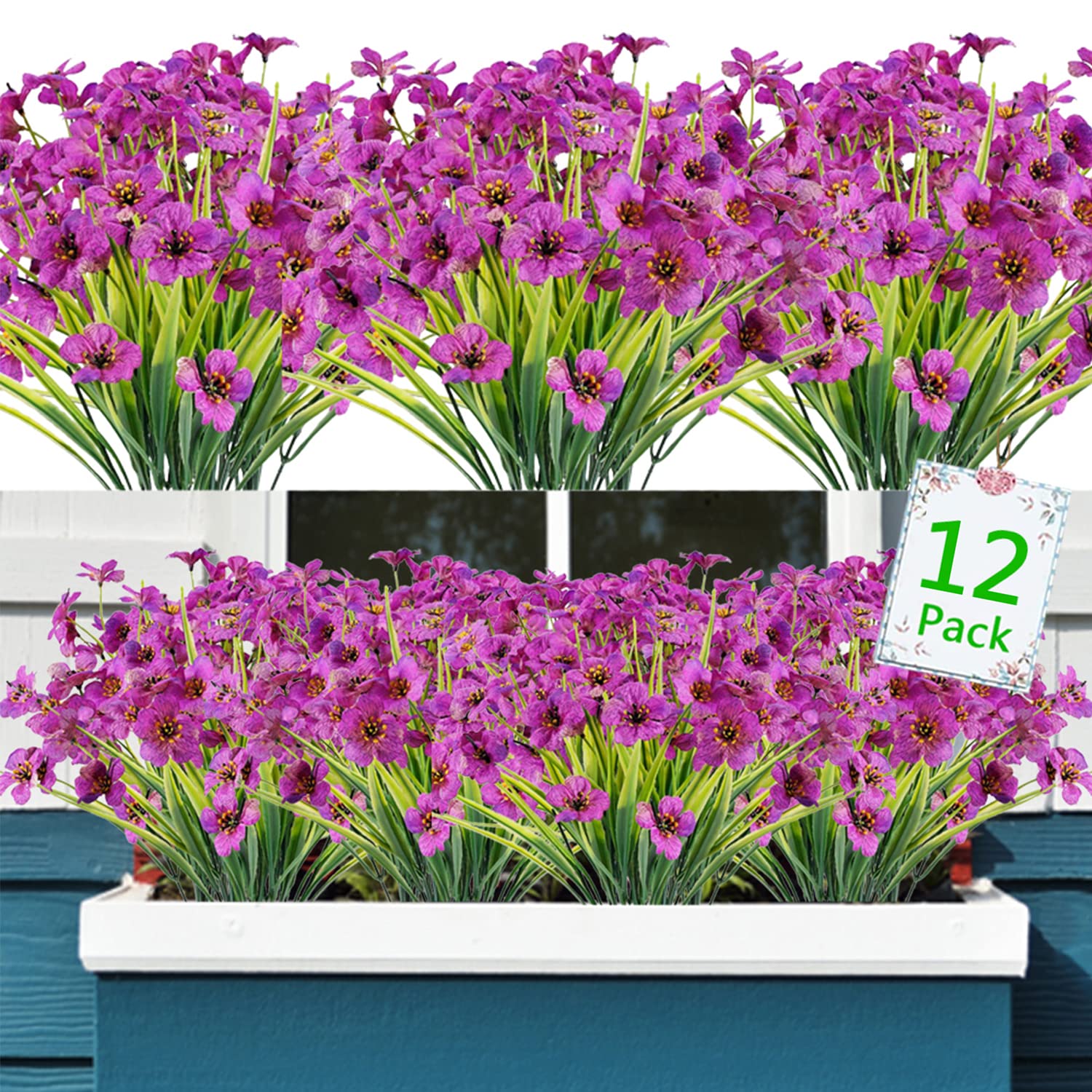 AUBEINSON 20 Bundles Artificial Flowers Outdoor UV Resistant Fake Flowers No Fade Faux Plastic Silk Flower for Outside Front Porch Planter Decoration (Purple)