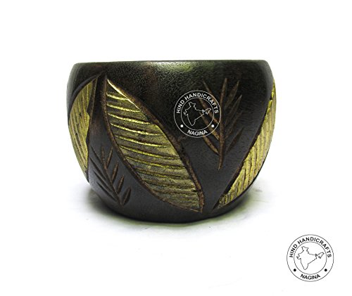 Hind Handicrafts Premium Solid Dark Handmade Crafted Wooden Portable Antique Yarn Storage Bowl - Holder for Knitting Crochet Hook Accessories (6" x 6" x 4", Antique - Golden Leaf)