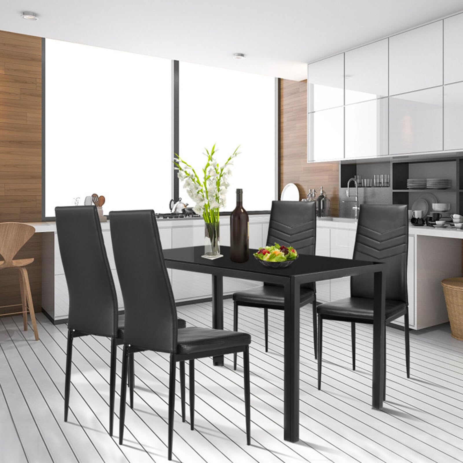 5 Piece Kitchen Dining Table Set for 4, Kitchen Dining Set Glass Metal Table and 4 Chairs Breakfast Furniture