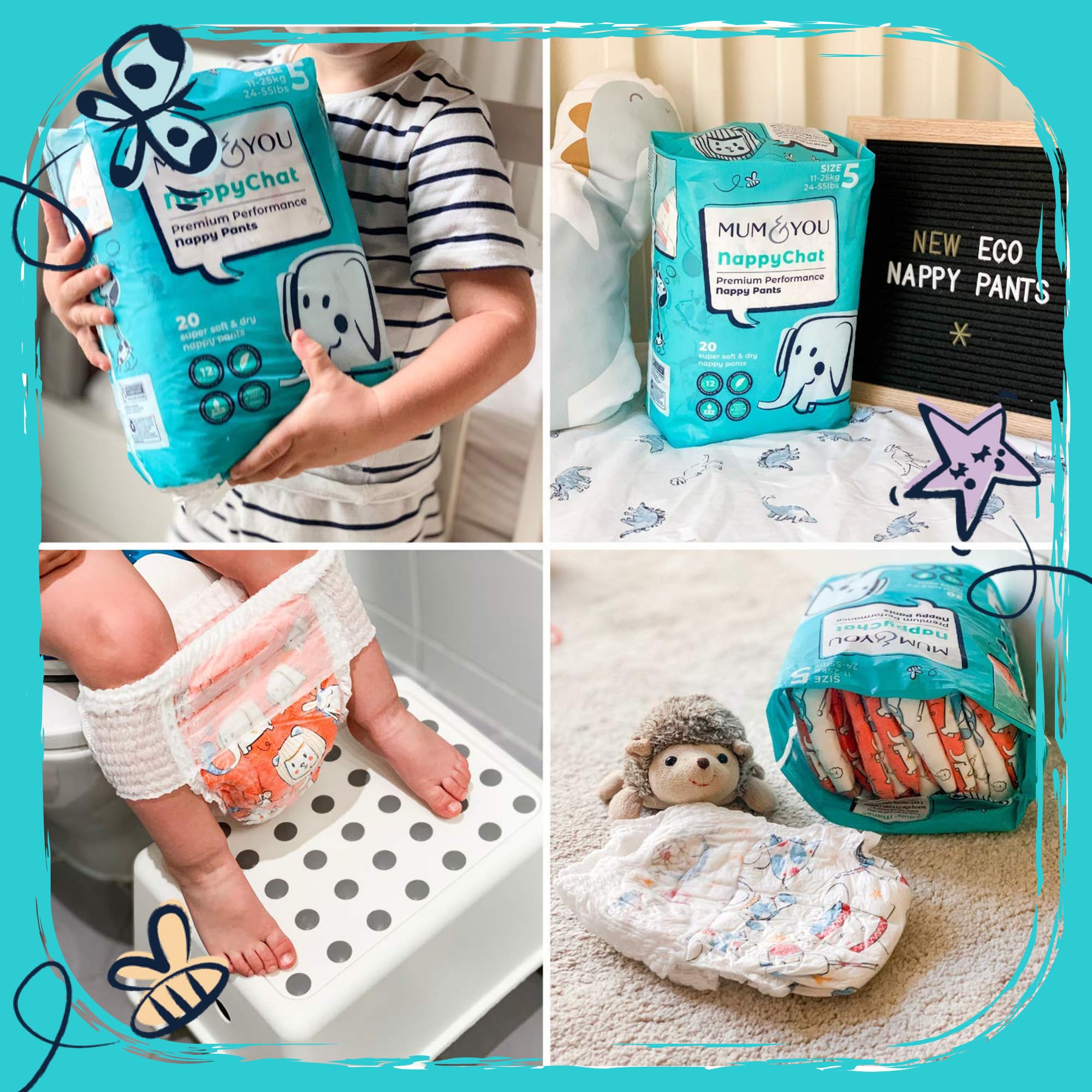 Mum & You Nappychat Premium Performance Eco Diaper Pants, Size 5 (20 diapers) Smart Tube Technology Leak Protection. 100% Recyclable. Hypoallergenic, Dermatologically-Tested. No Lotion, Perfume or Dye