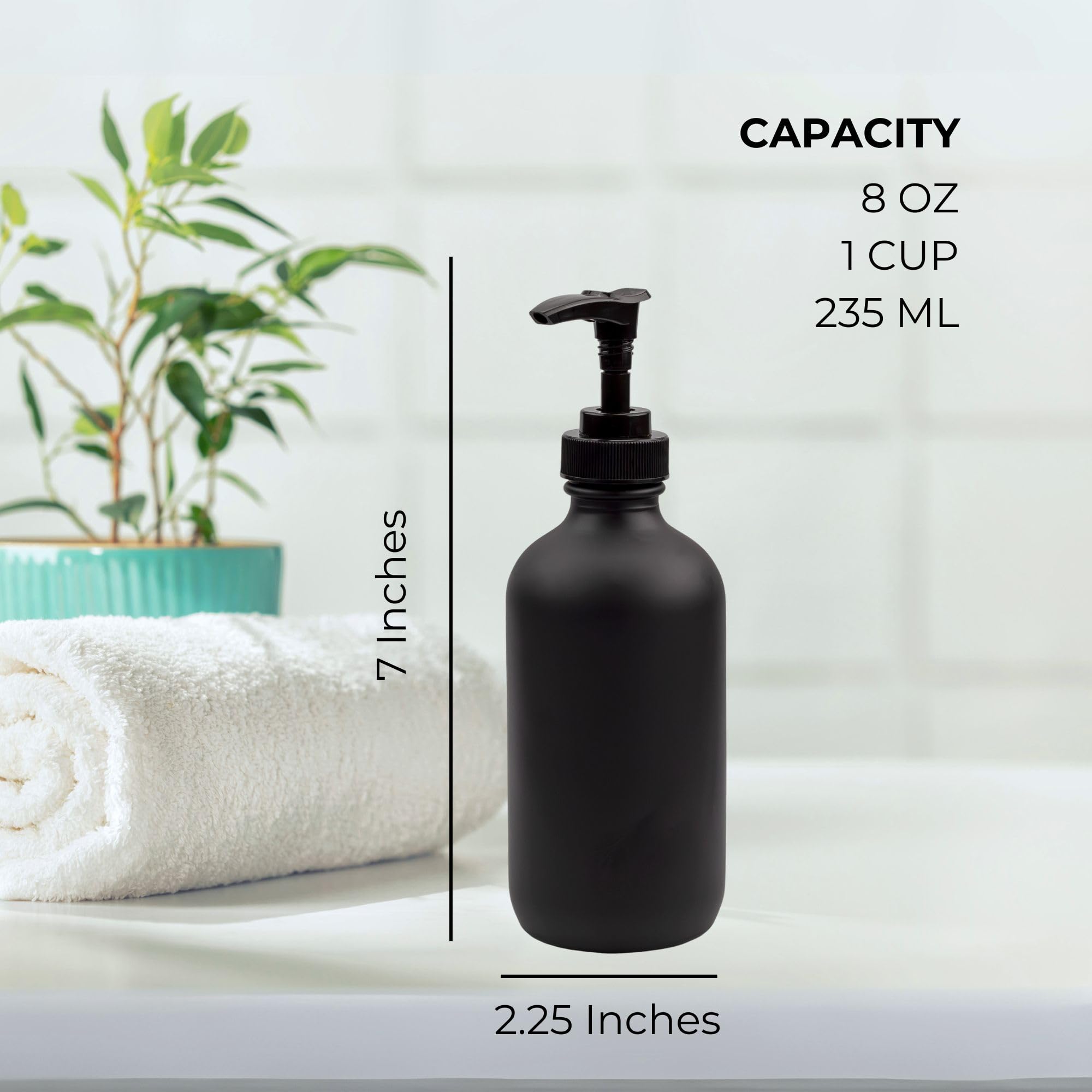 Cornucopia Brands Black Coated 8-Ounce Glass Pump Bottles (4-Pack), Great for Lotions, Liquid Soap, Aromatherapy and More