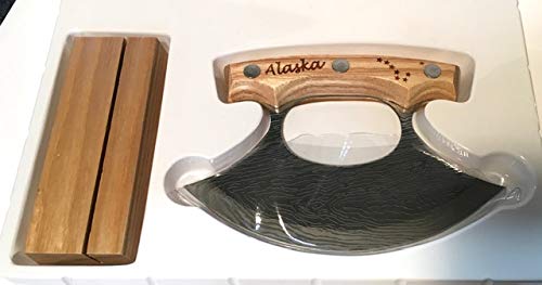Arctic Circle Alaska Ulu Wood Handle Dipper Design Forged Damascus Blade Wood Stand
