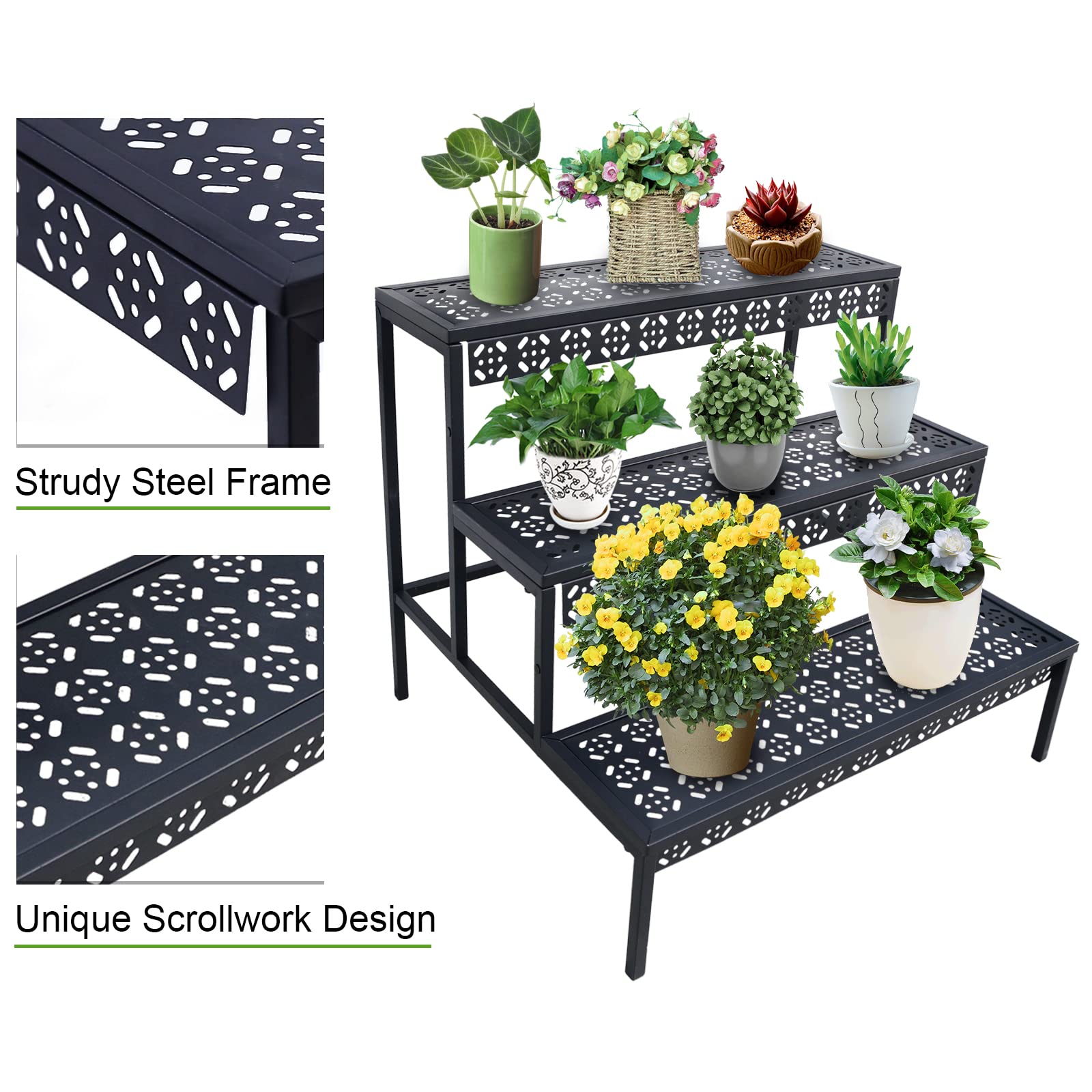 aboxoo 3 Tier Stair Style Large Metal Plant Stand, Garden Display Shelf Flower Pot Holder Storage Organizer Rack for Indoor Home Outdoor Patio Balcony Yard( Black, Rectangle)