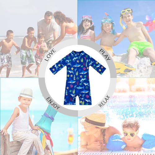 upandfast Baby Boys Swimsuit Long Sleeve One Piece Swimwear Zip Rash Guard Sun Protection (Blue Shark, 24-36 Months)