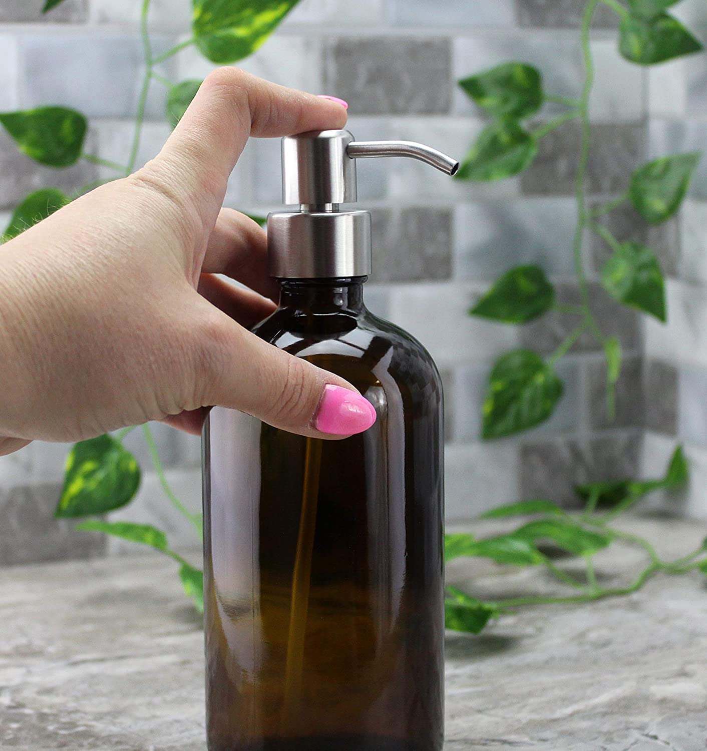 Cornucopia Brands 16-Ounce Amber Glass Bottles w/Stainless Steel Pumps (2-Pack); Lotion & Soap Dispenser Brown Boston Round Bottles for Aromatherapy, DIY