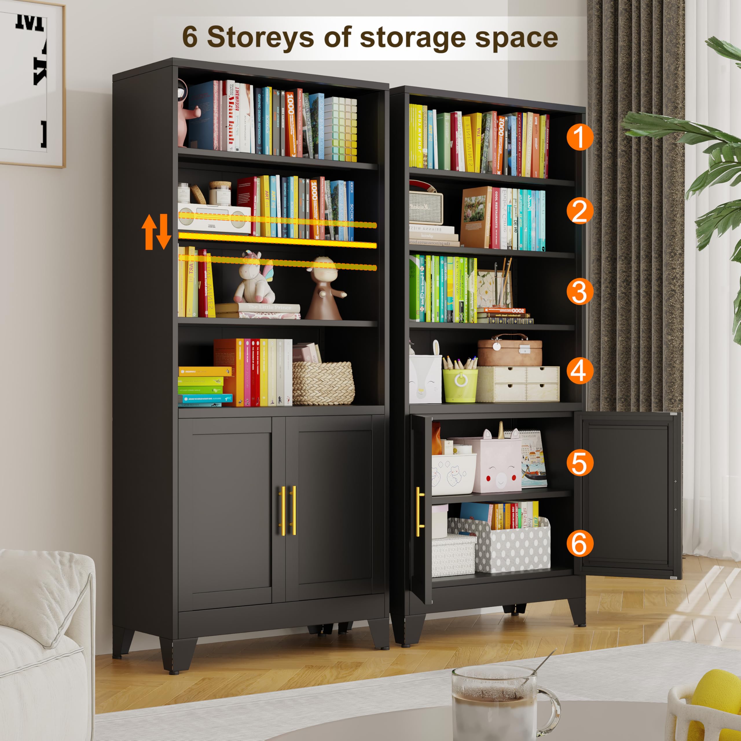 71"H Metal Bookcases and Bookshelves with 2 Doors and Adjustable Shelves,Tall Storage Cabinet Industrial Bookshelf 6-Tier Open Display Shelf,Decor Furniture for Home, Office, Living Room, Bedroom