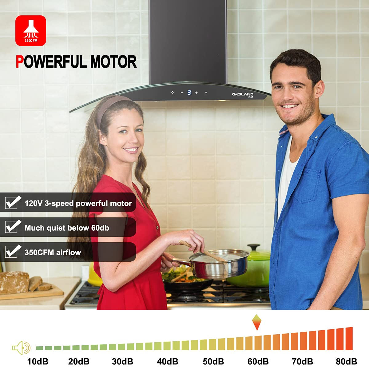 36" Range Hood, GASLAND Chef GR36BS Glass Wall Mount Range Hood Black, 3 Speed 350 CFM Ducted Kitchen Hood with LED Lights, Sensor Touch Control, Convertible Chimney, Aluminum Filter