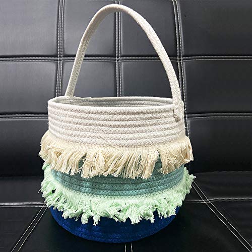 Rope Easter Basket for Kids - Easter Rope Basket with Tassel Encircled, Easter Blues Boys Basket, 9.5"D × 8"H Size, Design by QLTLQS-1986 (Blue)
