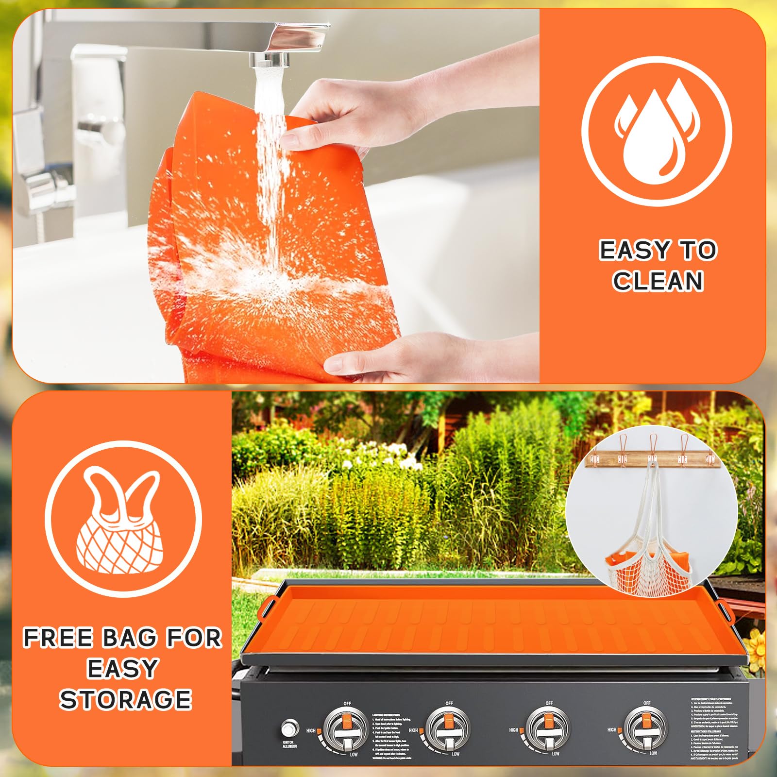 36" Silicone Griddle Mat for Blackstone Griddle, Magnetic Heavy Duty Food Grade Silicone Grill Mat with Handheld, All Season Protective Griddle Cover from Rodents, Insects, Debris, and Rust (Orange)