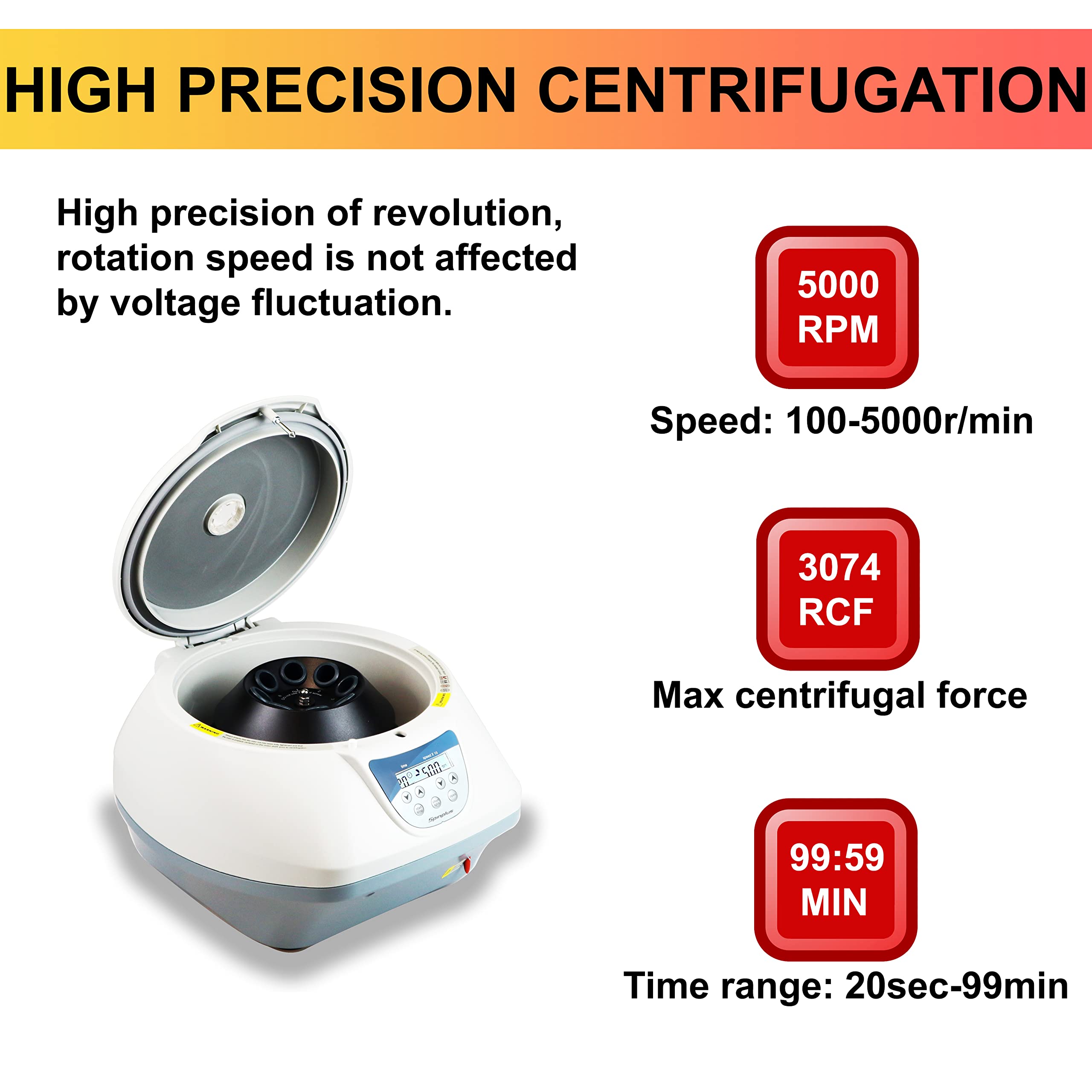 Jackson Global JS-TC-SPINPLUS-8 Digital Bench-top Centrifuge | 400-5000rpm (Max. 3074xg) | LCD Display | Includes 15ML X 8 Rotor