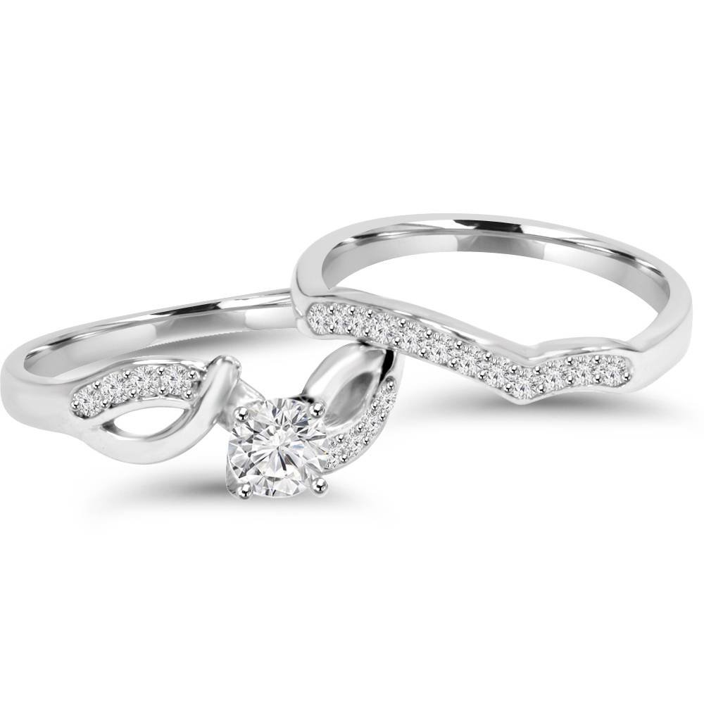 3/4CT Diamond Engagement Wedding Ring Set 10K White Gold - Size 8.5