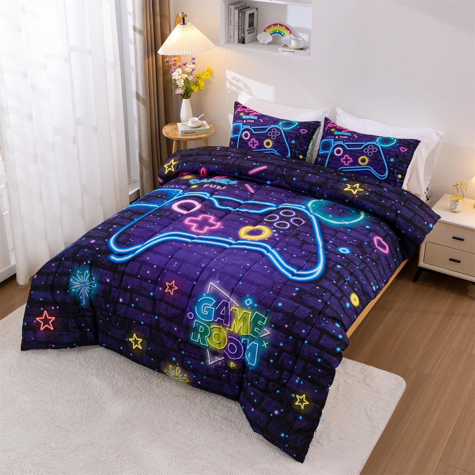 Aimuan Gamer Bedding Sets for Boys Kids Gaming Comforter Sets Video Games Console Action Buttons Gamepad Controller Comforter for Kids Bedroom Decor (Twin, Purple)