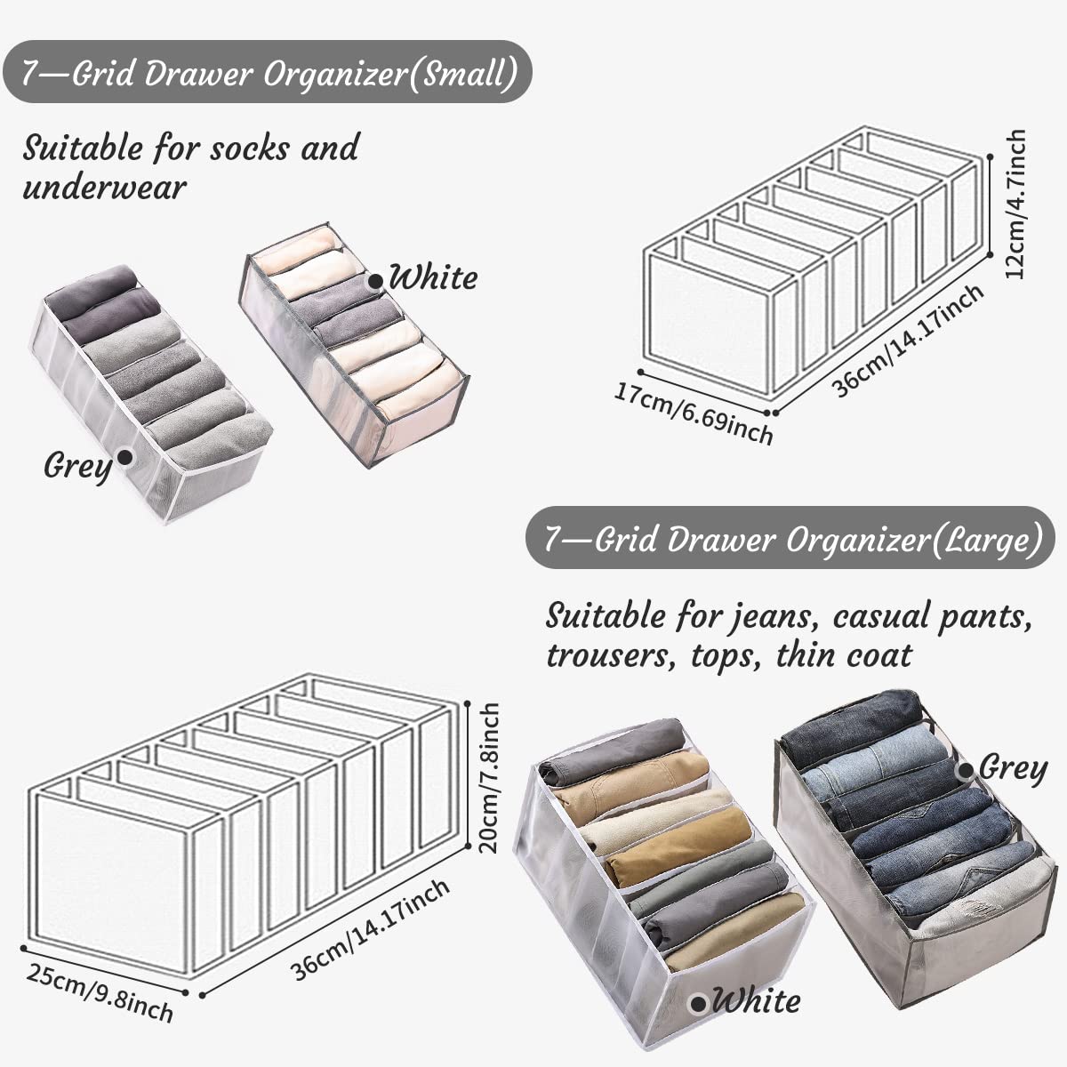Aposemo Clothes Organizer Drawers Wardrobe Compartment Separation Underwear Portable 7 Grids Storage Box Mesh Washable (2 Pcs Grey Small+Grey Large)