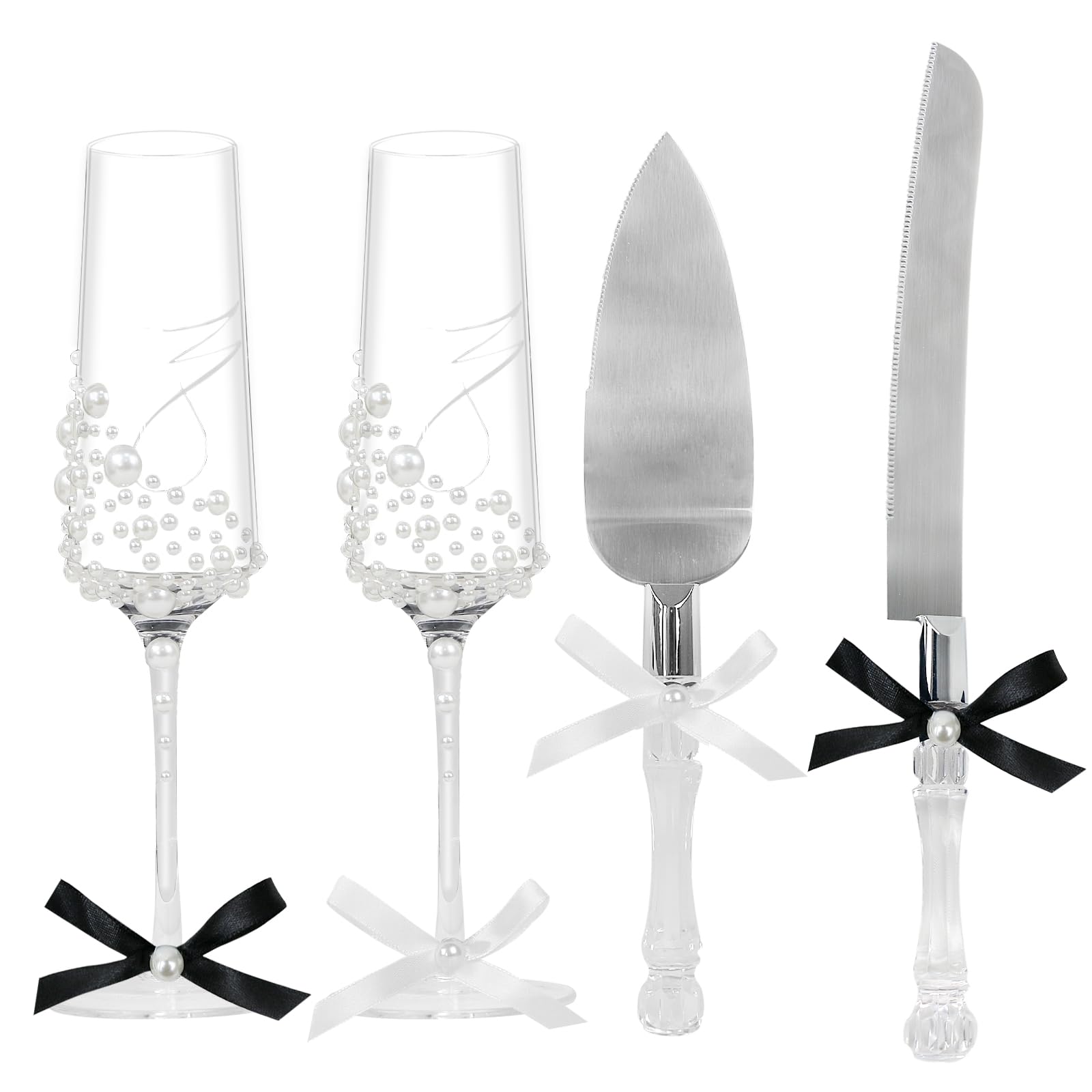 SEMONONIA 4 Piece Wedding Toasting Flutes and Cake Server Set - Champagne Glasses and Knife Server Set,Bride and Groom Wine Glasses and Cake Knives Set for Anniversary Engagement Gifts for Couple