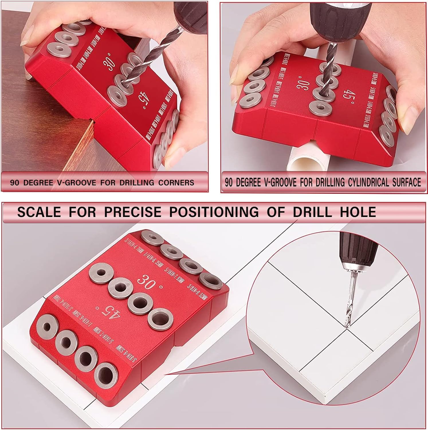 30 45 90° Angle Drill Guide Jig with 4 Size Bits, Durable All-Metal Drilling Jig for Drilling Straight and Angled Holes, for Cable Railing Lag Screw Kit Wood Post,Railing Deck Stair Handrail (5 Pcs)