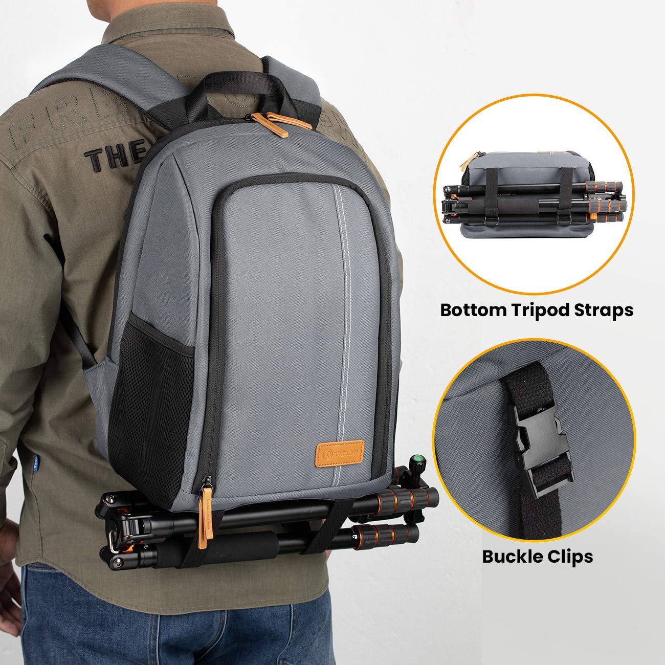 TARION Camera Backpack Waterproof Camera Bag Large Capacity Camera Case with 15 Inch Laptop Compartment Rain Cover for Women Men Photographer Lens Tripod Grey TB-02