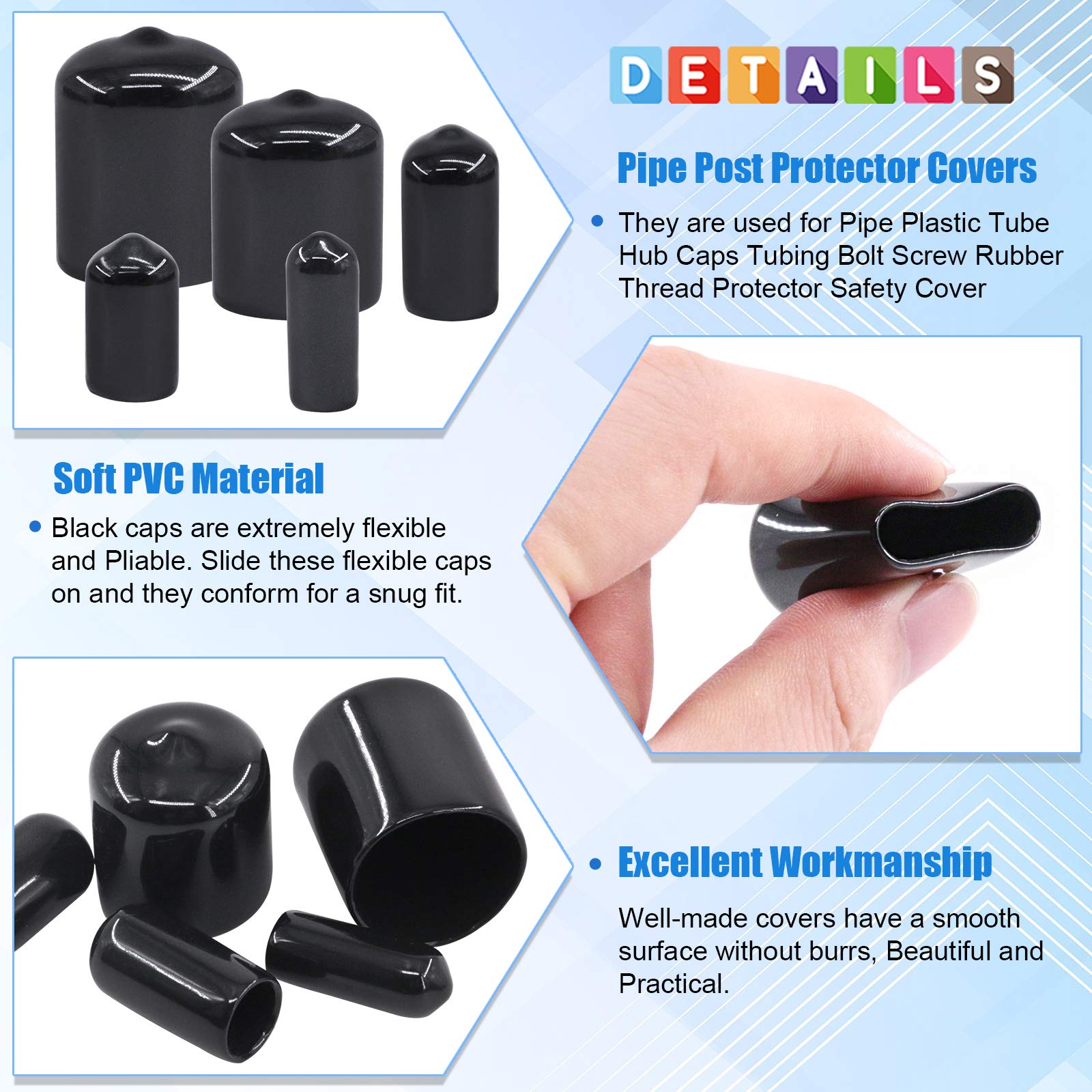 Glarks 48Pcs 1/4'' 3/8'' 1/2'' 3/4'' 7/8'' ID Black Rubber Thread Protector Covers Assortment Kit Vinyl Tube End Caps Round End Flexible Caps Set for Protecting Furniture Feet Tube and Screw