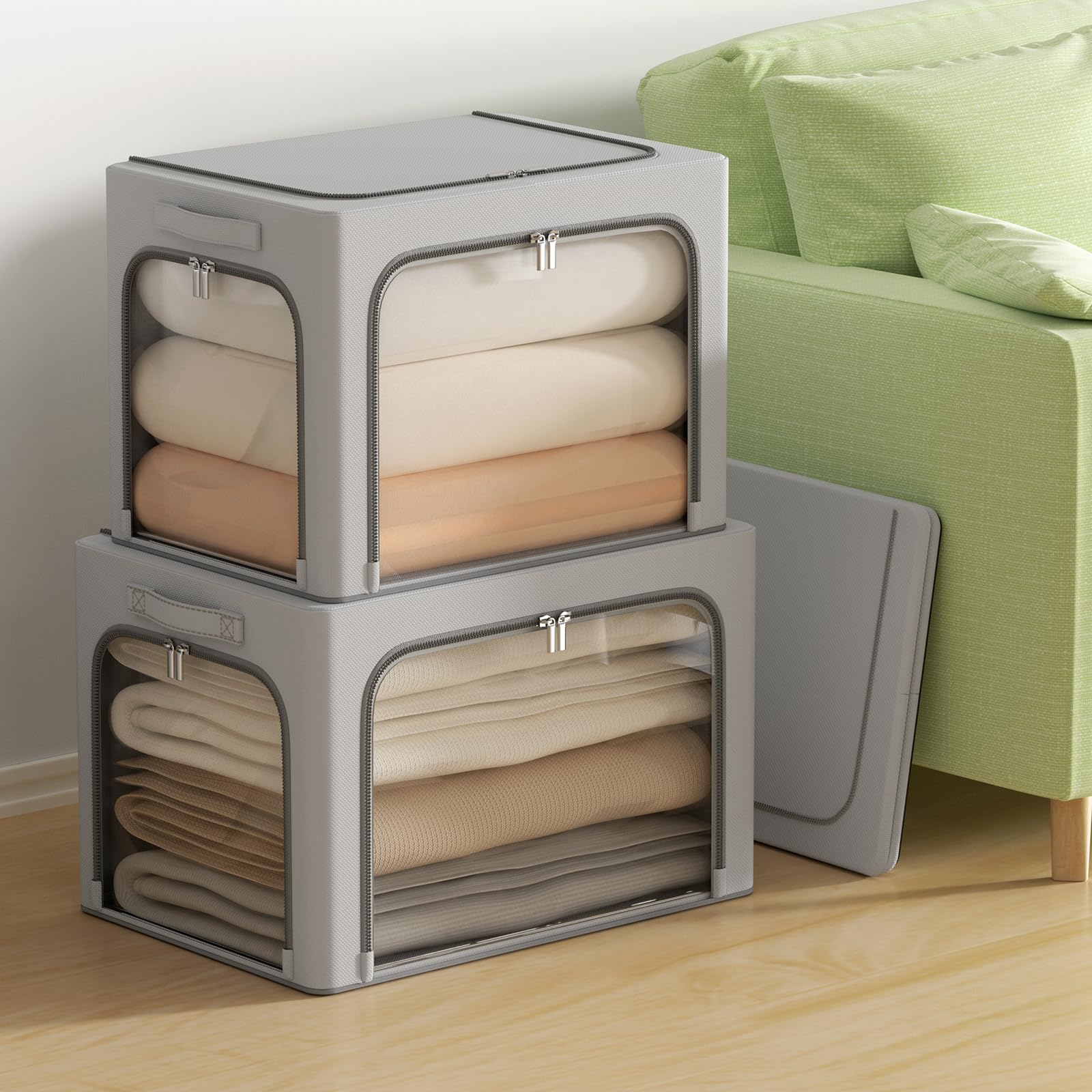 3Pack Clothes Storage Bins - Oxford Frame Storage Box Foldable Stackable Storage Organizer with 3 Openings Design, Metal Frame, Clear Window, Carry Handles (36L-15.7 * 11.8 * 11.8in, Grey)