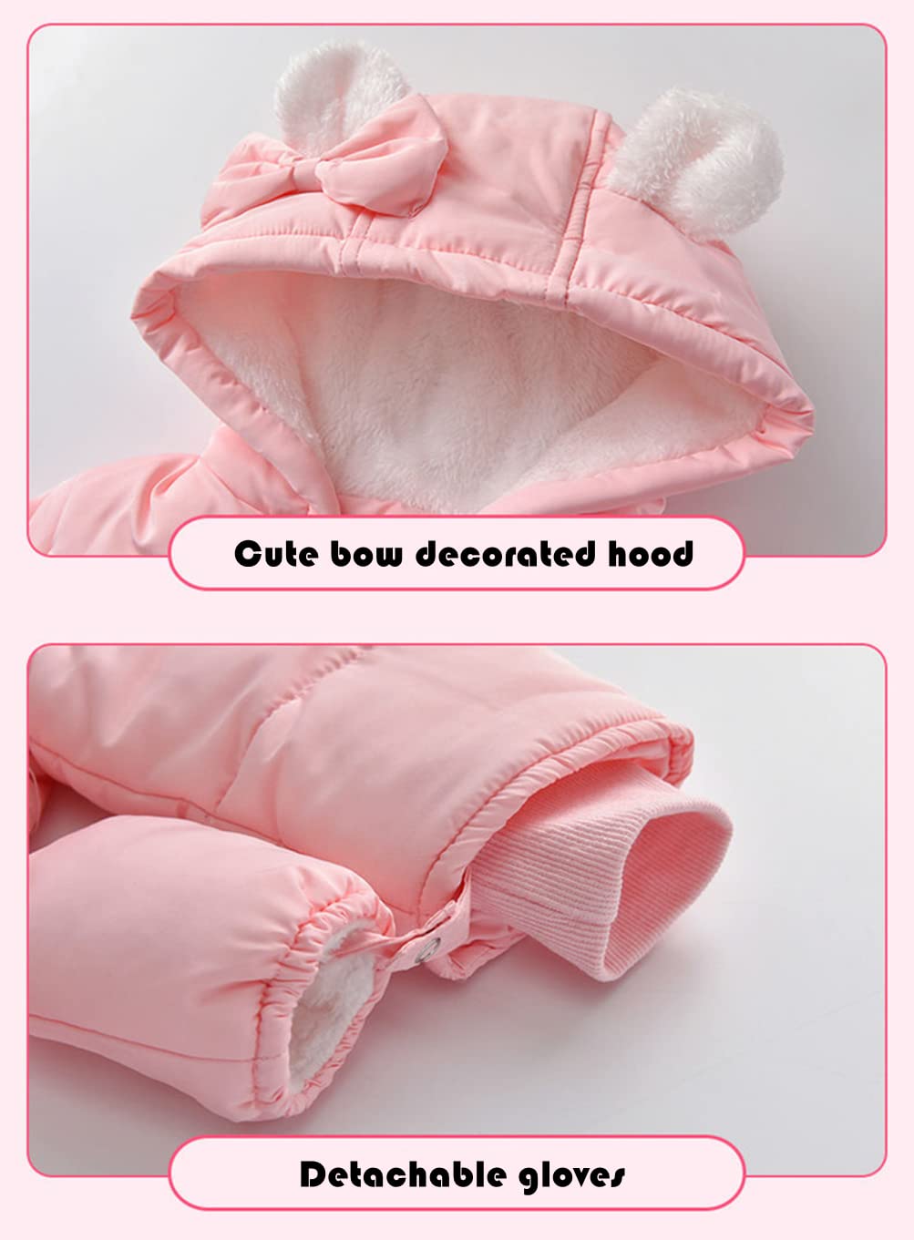 JanLEEsi Baby Winter Hooded Snowsuit Romper Zipper Padding Bodysuit Infant Puffer Jacket with Gloves,Pink,9-12M