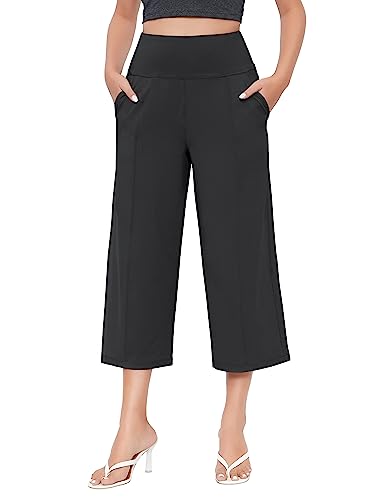 BUBBLELIME Women's Bootleg Yoga Capris Pants High Waist Workout Flare Crop with Pockets - Black_Medium
