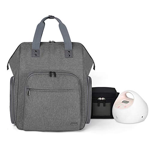 LUXJA Breast Pump Bag with Compartments for Cooler Bag and Laptop, Breast Pump Backpack with Breastmilk Bottle Pockets (Fits Most Major Breast Pump, Suitable for Working Mothers), Gray