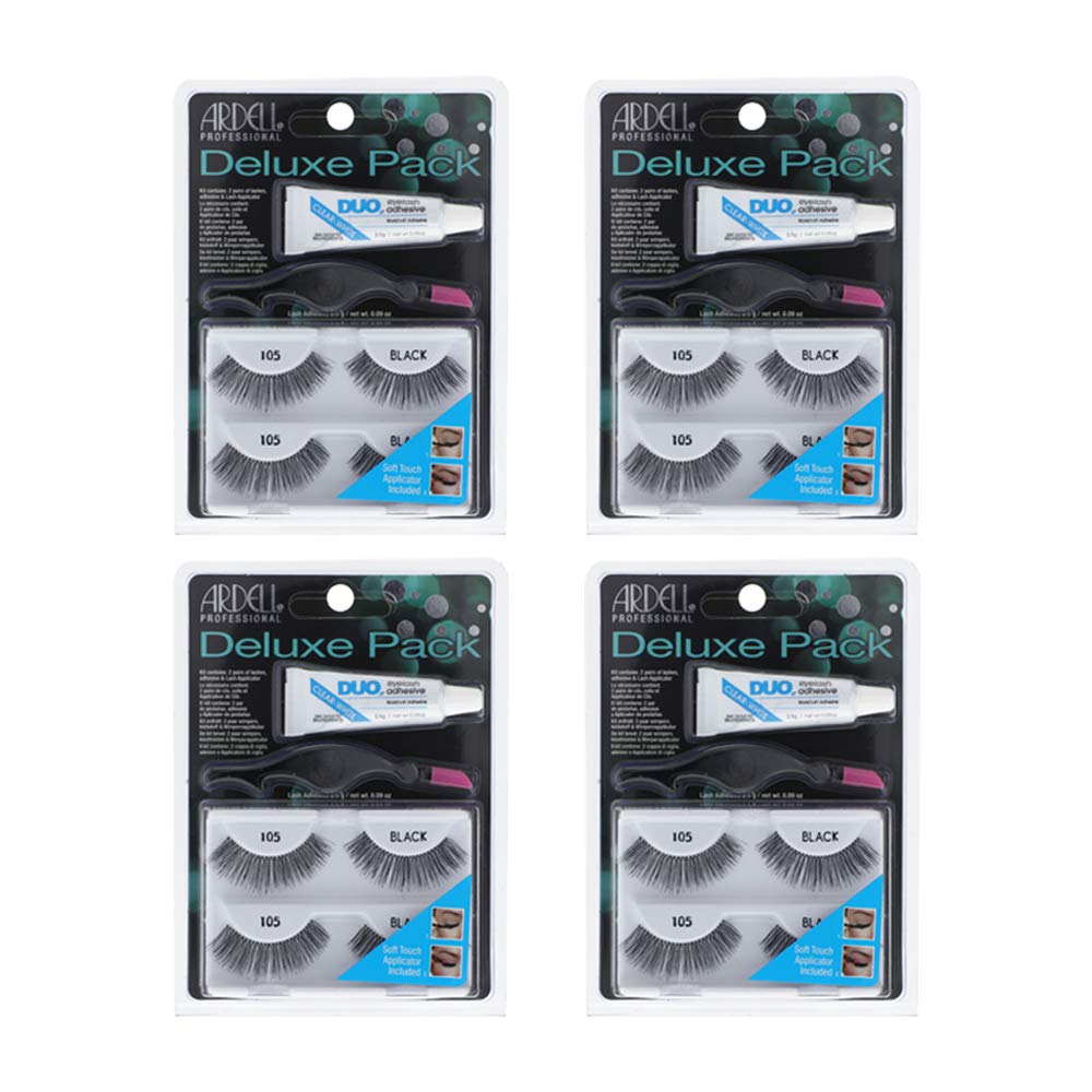 Ardell False Eyelashes Deluxe Pack 105 - Black, Natural Look Lashes, Includes Lash Adhesive & Applicator, Reusable Lash Set for Everyday Wear, 4 Pack