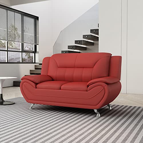 Container Furniture Direct Michael Modern Faux Leather Upholstered Stainless Steel Legs Living Room Loveseat, Red