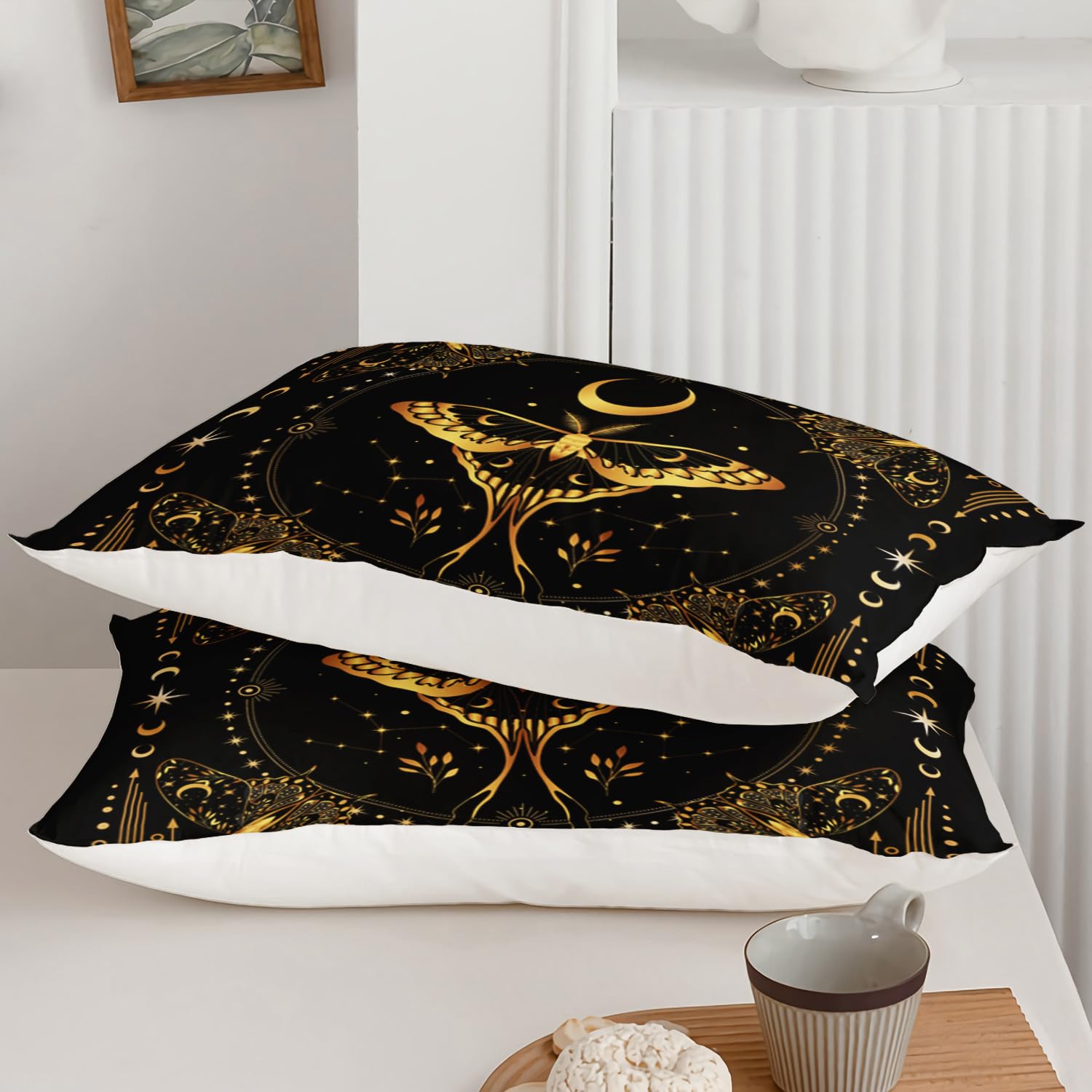 AILONEN Moth Duvet Cover Set Queen Size, Boho Sun and Moon Comforter Cover Set,Death Moth Duvet Cover with 2 Pillowcases, 3 Pieces