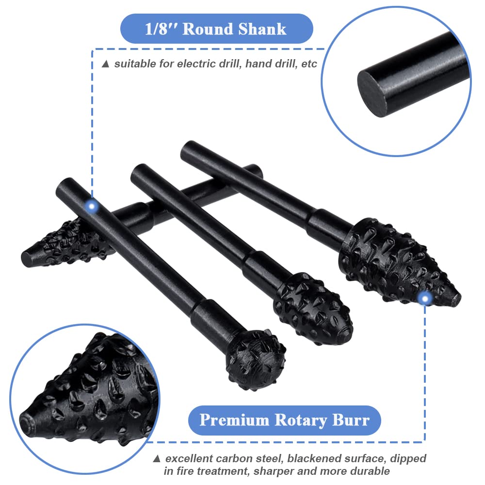 Mesee 10 Pieces Rotary File Rasp Set, 3mm(1/8") Round Shank Rotary Burrs Carbon Steel Carving File Rasp Twist Drill Bits Electric Ginder Rasp Accessory for Woodworking Drilling Engraving