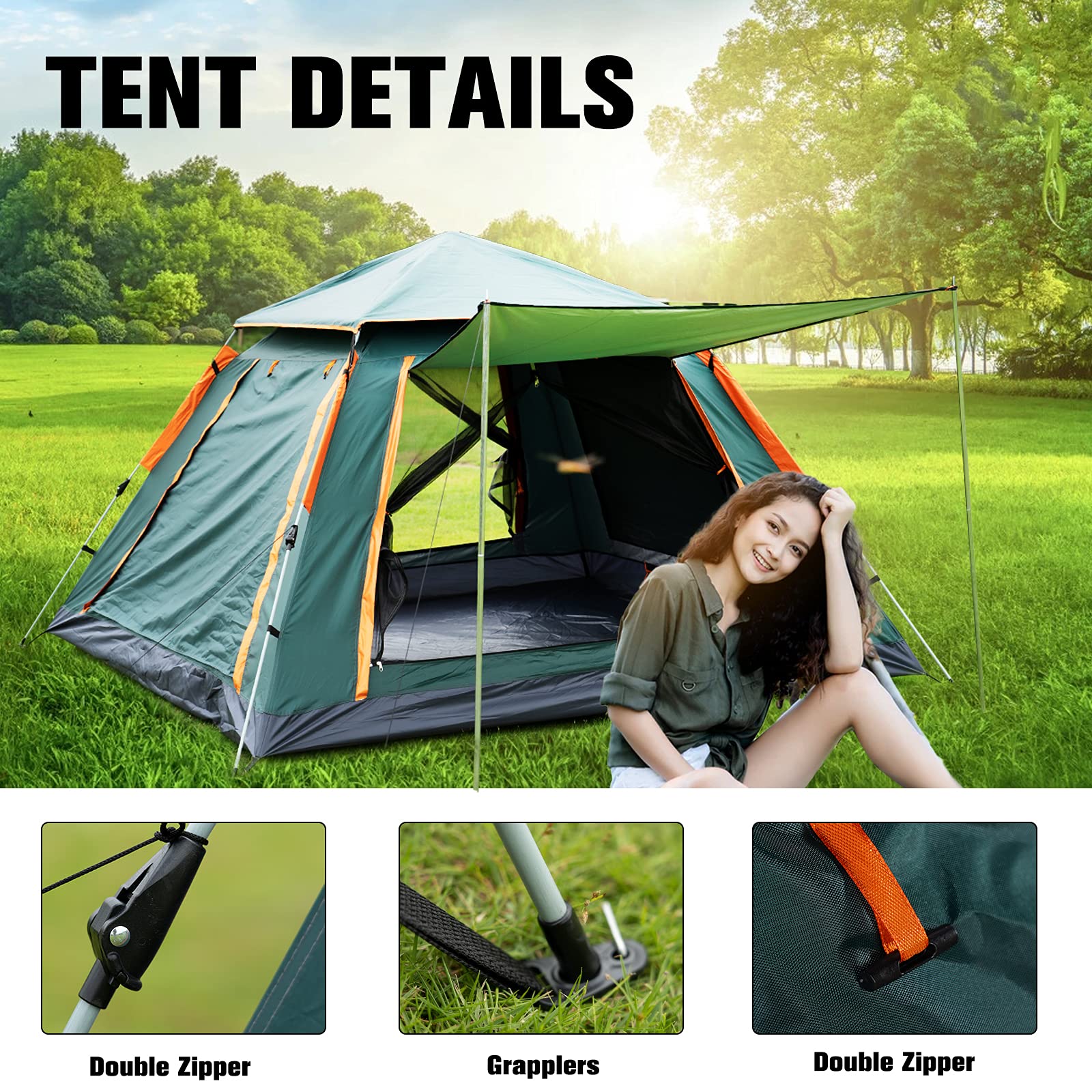 3-4-Person Waterproof Pop up Camping Tent with Rainfly Instant Tent Portable with Carring Bag (Green)