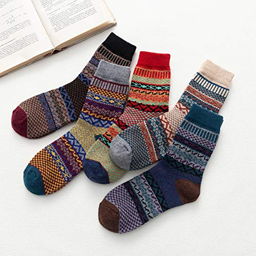 5 Socks Vintage Womens Winter Socks Pack Warm Knit Cold Wool Soft Socks Clothes (Black,Gray,White,Blue,Red-1, One Size)