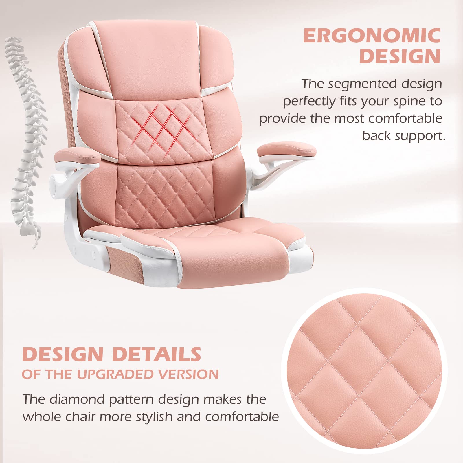 Pink Desk Chair Ergonomic Office Chair Lumbar Support Desk Chairs with Wheels and Flip-up Armrest Adjustable PU Leather Computer Chair Backward Tilt, Pink