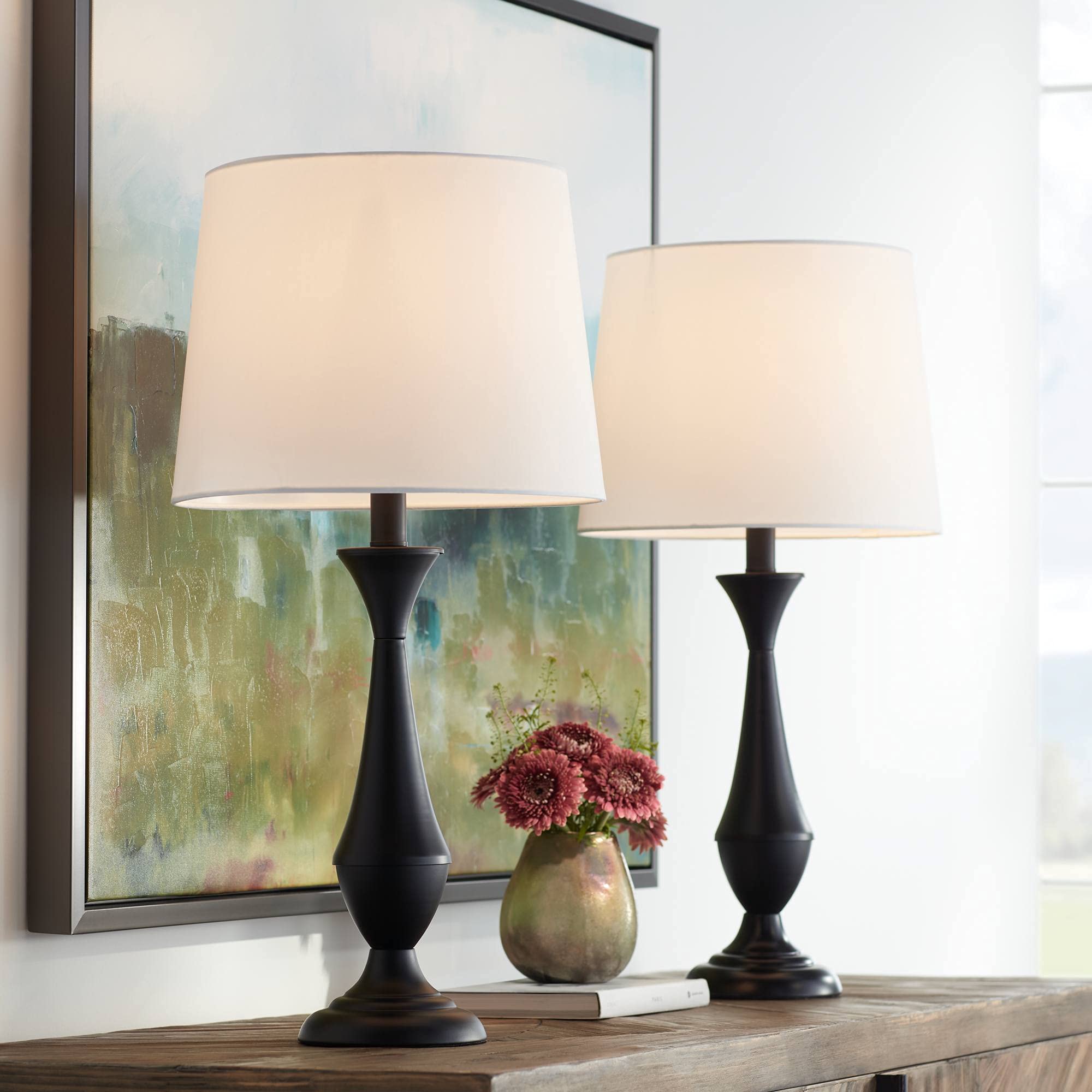 360 Lighting Joyce Modern Table Lamps 24" Tall Set of 2 Black Metal White Linen Tapered Drum Shade Decor for Bedroom Living Room House Home Bedside Nightstand Office Entryway Kids Family