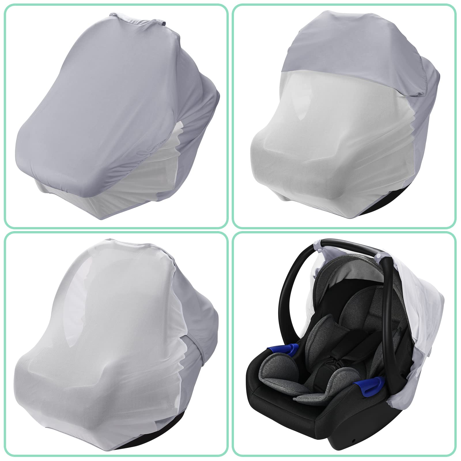 2-in-1 Baby Car Seat Cover, Infant Car Seat Canopy with Sun and Bug, Privacy Shade, Protects Babies from Mos-quitoes, Wind, Sunlight, Universal Comfortable (Grey)