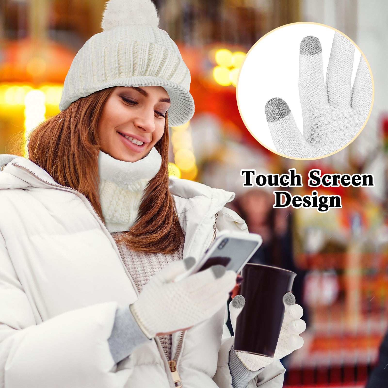 5 Pieces Women Ski Outing Set, Knit Winter Hat Scarf Gloves Earmuffs Stockings (Milk White, Simple Style)