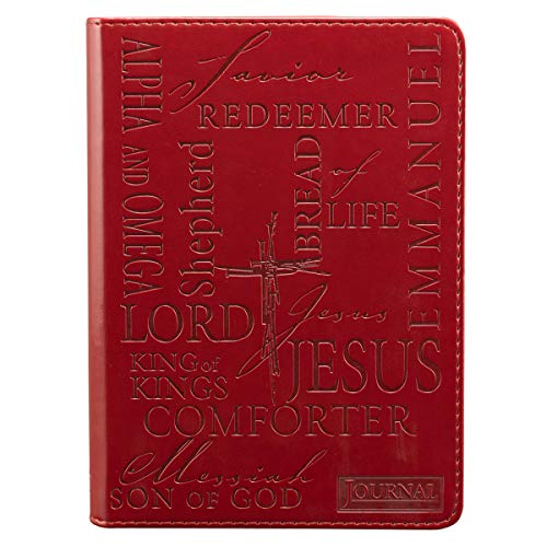 Christian Art Gifts Classic Handy-sized Journal Names of Jesus Inspirational Scripture Notebook w/Ribbon, Faux Leather Flexcover 240 Ruled Pages, 5.7" x 7", Burgundy