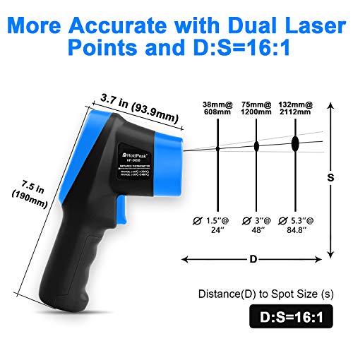 HOLDPEAK HP-985B Infrared Thermometer Non-Contact, -58℉~2480℉ (-50℃~1360℃), Dual Laser Digital IR Thermometer Gun with Adjustable Emissivity for Forge Melting Furnace Kilns Industry 【NOT for Human】