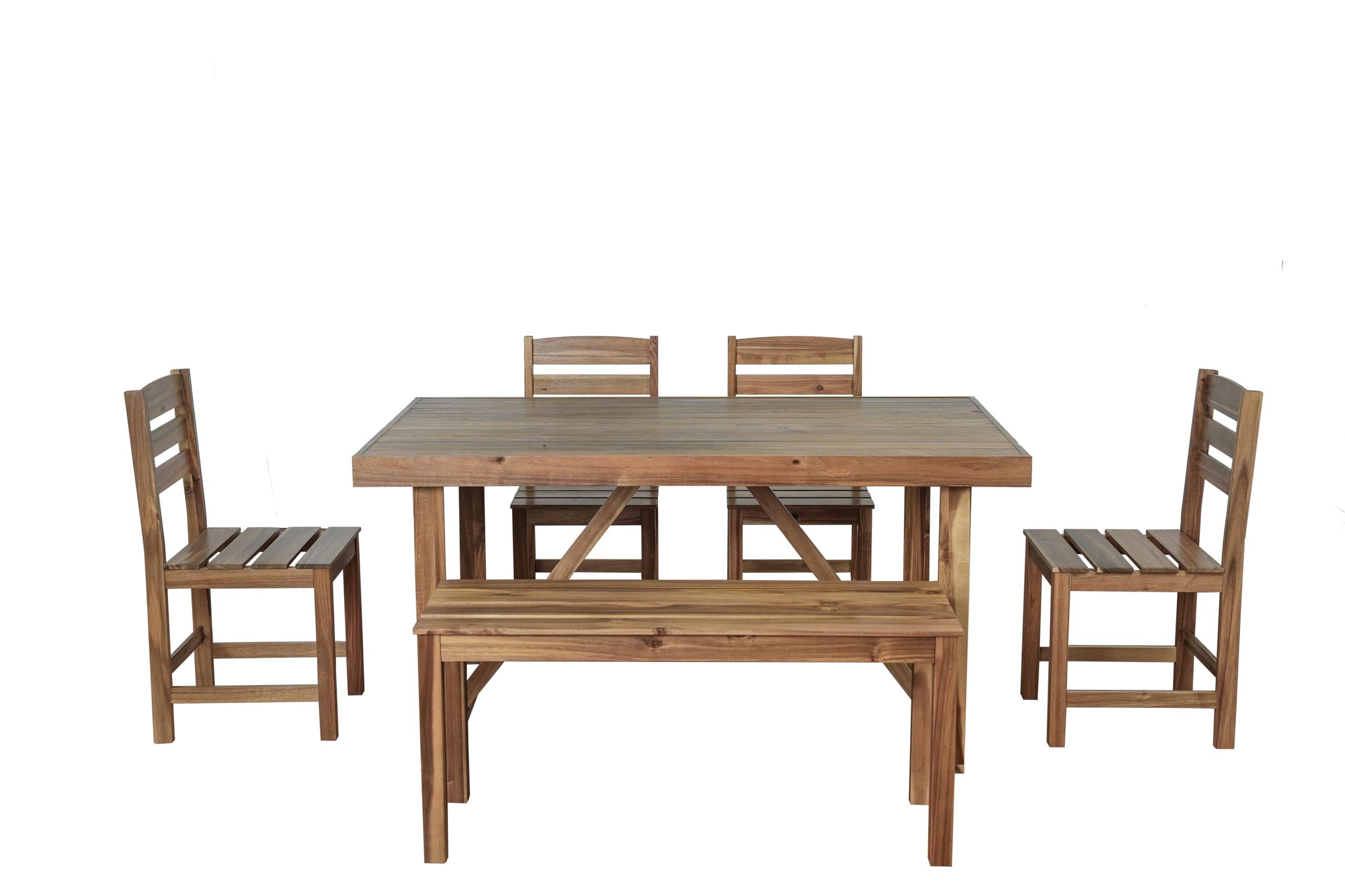 6 Person Outdoor Acacia Wood Dining Table Set, All Weather 6 Pieces Conversation Set, 60'' Rectangle Dining Table with 4 Chairs and Bench for Patio Backyard Garden Poolside Balcony (Natural-26)