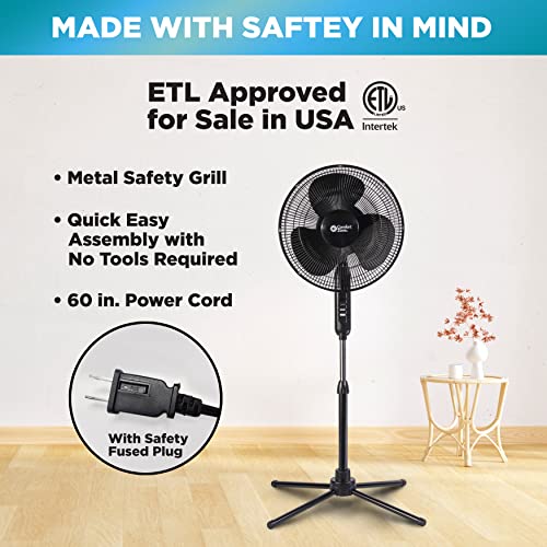 Comfort Zone CZST161BTEBK 16โ Oscillating Pedestal Fan, 3-speed Options, 90-Degree Oscillating Head, Adjustable Height and Tilt, Powerful Air Flow, Black