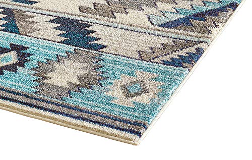 Handcraft Rugs-Southwestern Native American Modern / Faded Area Rug - Bone Gray / Navy Blue / Ivory / Aqua