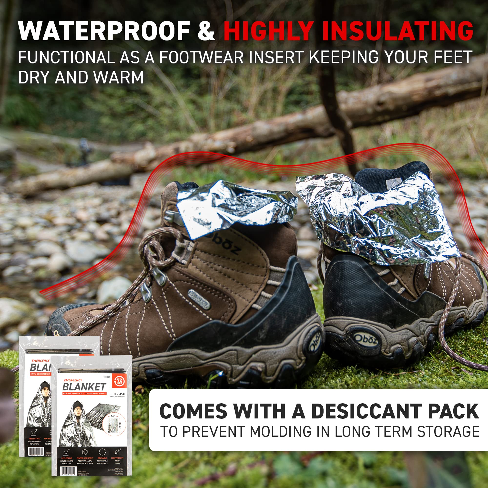 72 HRS MIL-SPEC Emergency Space Blankets – Mylar Survival or Emergency Thermal Blankets for Camping, Hiking, Marathon, First Aid, Emergency Preparedness, Extreme Weather, Shelter (12-Pack)