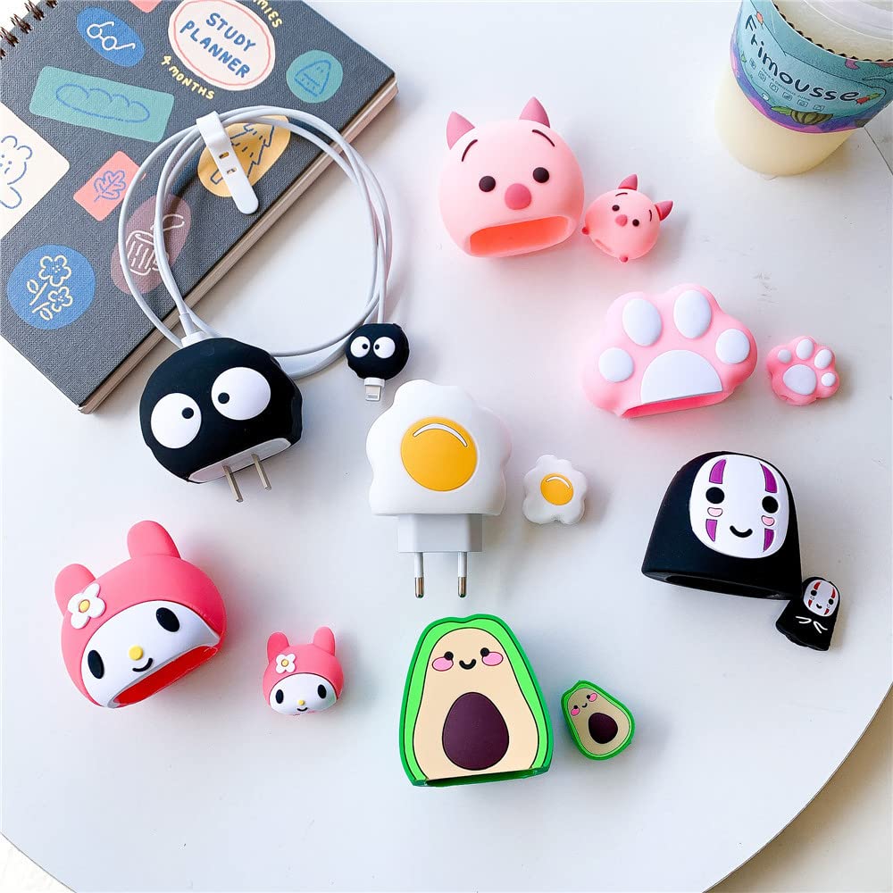 3D Protective Case for iPhone 20W USB-C Power Adapter Charger USB Lightning Cable, Cute Cartoon Series Soft Silicone Fast Lightning Chargers Cable Protective Cover for iPhone Charger (Black Hood)